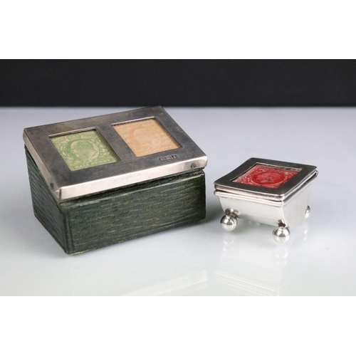 Two sliver hallmarked Edwardian stamp boxes to include a leatherette ...