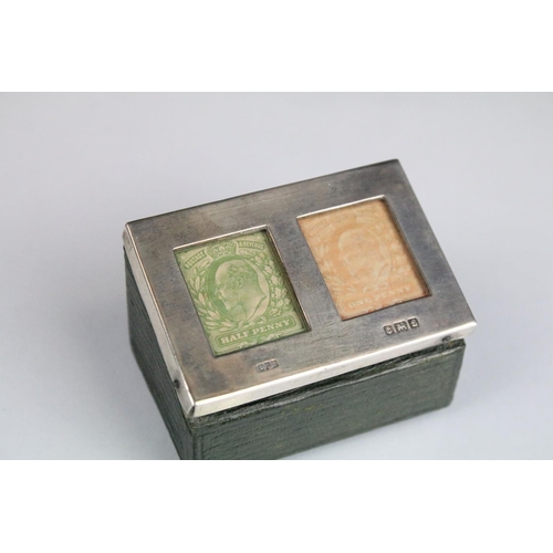 Two sliver hallmarked Edwardian stamp boxes to include a leatherette ...
