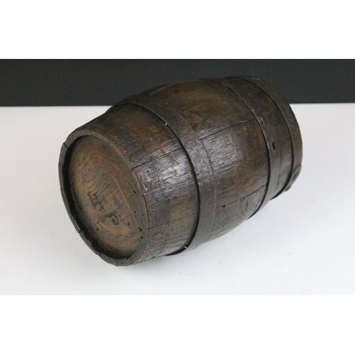 18th / 19th century iron bound oak staved costrel, initialled JF ...