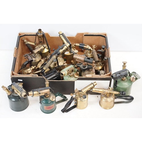 Collection of fifteen brass paraffin blow torches, to include painted ...