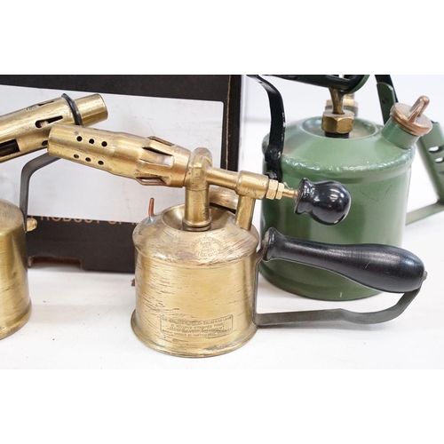 Collection of fifteen brass paraffin blow torches, to include painted ...