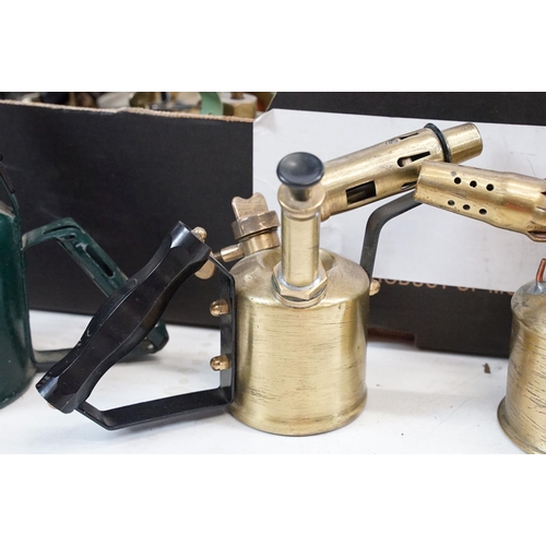 Collection of fifteen brass paraffin blow torches, to include painted ...