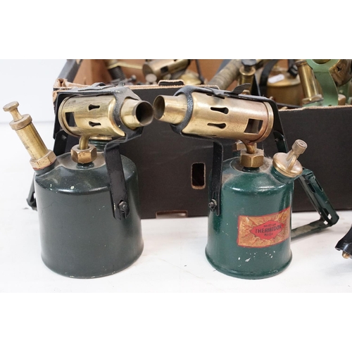 Collection of fifteen brass paraffin blow torches, to include painted ...