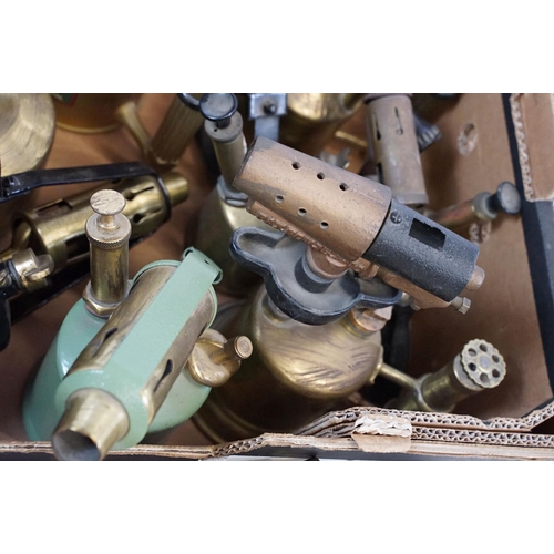Collection of fifteen brass paraffin blow torches, to include painted ...