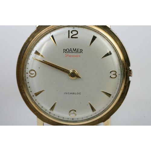 A vintage gents Swiss made Roamer Premier incabloc 9ct gold cased wristwatch on rolled gold Fixo-Fle