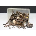 Large assortment of mixed keys of various ages, sizes and shapes.