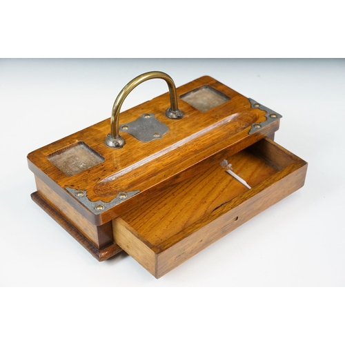 Antique wooden ink well stand pen rest with two glass inkwells, pull ...
