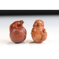 Two signed carved wooden netsuke figures to include Turtles on pot and ...