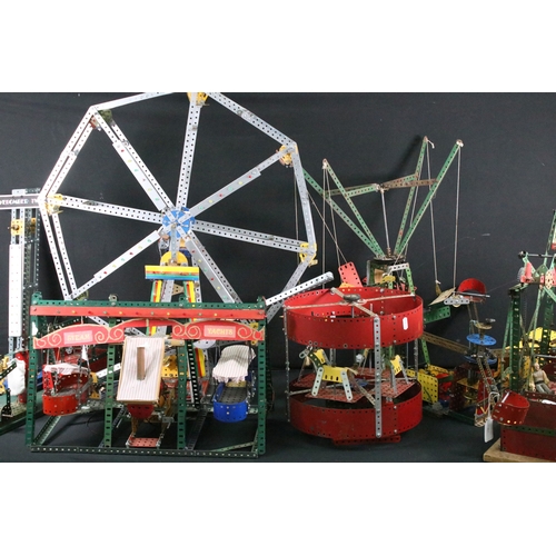 Seven Meccano fairground models to include 2 x Ferris Wheels, Chair-O ...