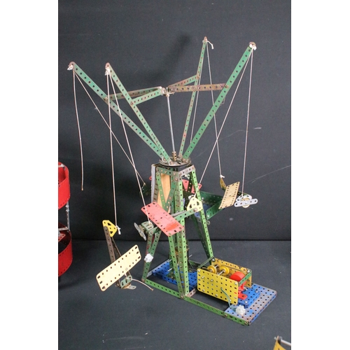 Seven Meccano fairground models to include 2 x Ferris Wheels, Chair-O ...