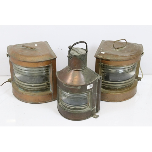 Pair of copper ships lanterns with glass inners, converted to electric ...