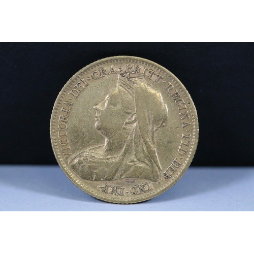 A British Queen Victoria 1899 gold half sovereign coin.