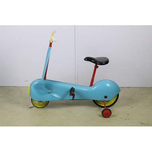 1950's Mobo Scootabike pedal scooter, in blue, red and yellow