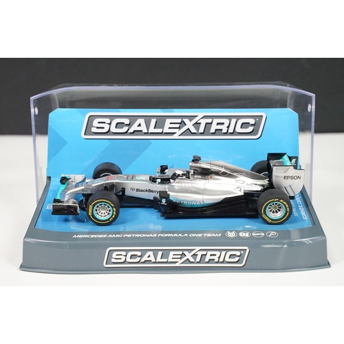 Five cased / boxed Scalextric slot cars to include C3706 Lewis Hamilton ...