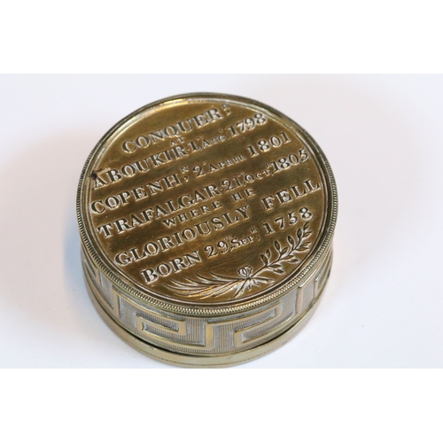 An early 19th century brass snuff box commemorating Admiral Lord Nelson ...