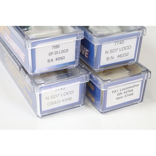 Five cased Life Like N gauge locomotives to include 7745 N SD7 Loco CB&Q #346, 7446 FA1 Locomotive G