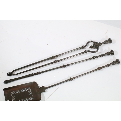 Set of three 19th century polished steel fire irons, comprising, pair ...