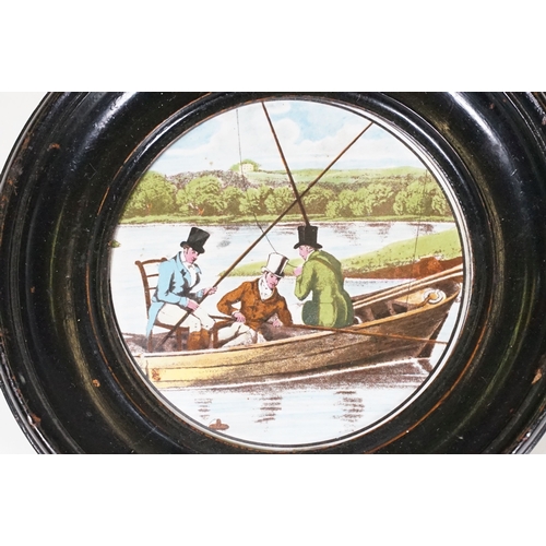 Group of three framed 'Pratt ware' ceramic pot lids depicting scenes of ...
