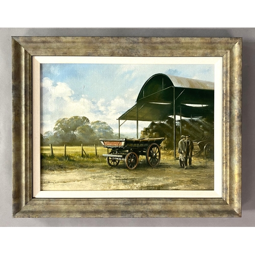 Graham Isom (b 1945), haycart and figures before a field, oil on canvas ...