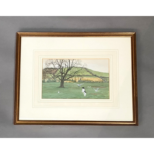 Marcelle Milo-Gray (b 1954), terrier jumping at a seagull in a rural ...