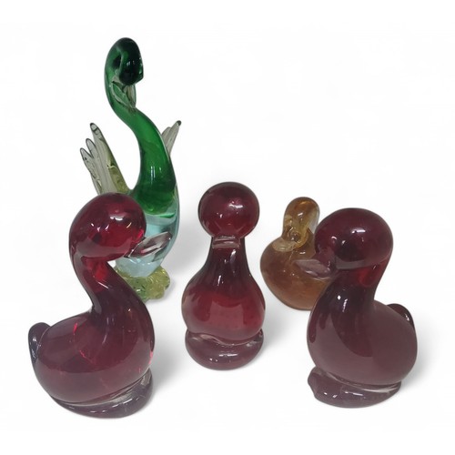 Three Whitefriars glass ruby red Dilly Ducks, designed by Geoffrey ...