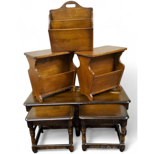 A pair of oak magazine racks, 47cm high, 47cm wide; an oak Taylor and ...