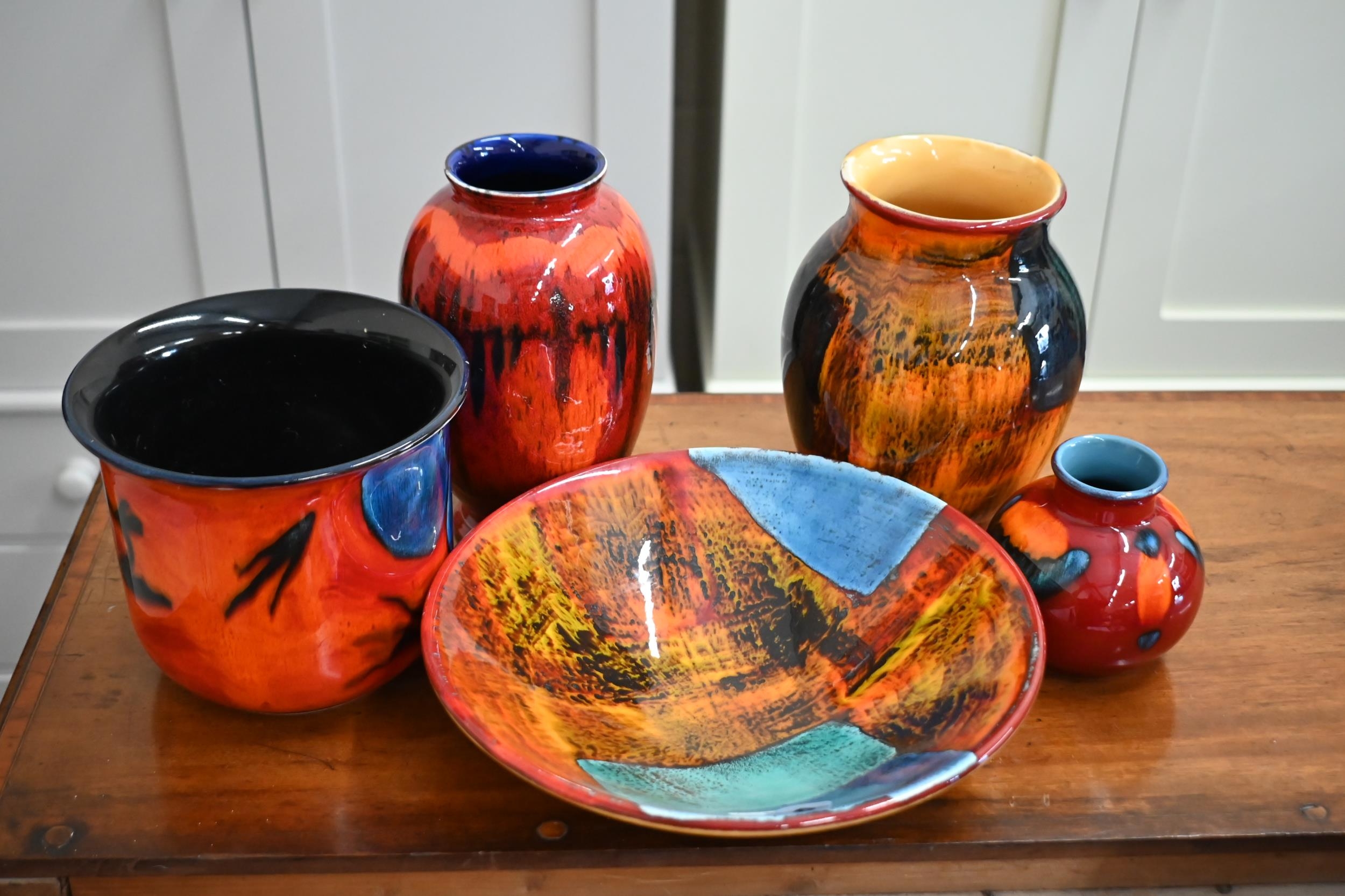Poole Pottery Volcano bowl 27cm diameter, to/w three similar vases and ...