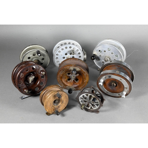 Three vintage wooden centre-pin fishing reels to/w a 'Modernite' reel ...