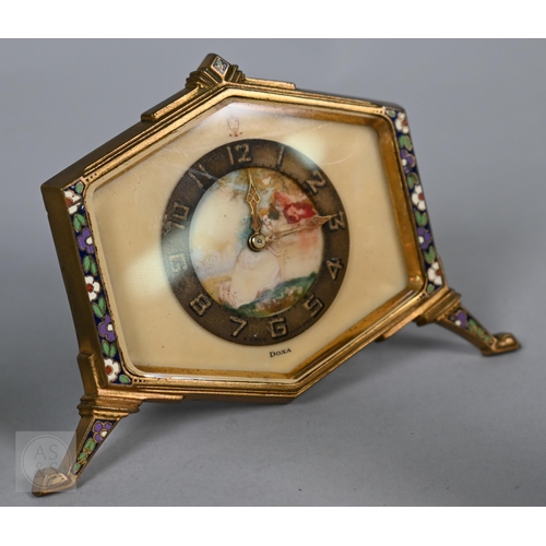 An Art Deco cased Doxa gilt metal strut-clock with painted dial and ...