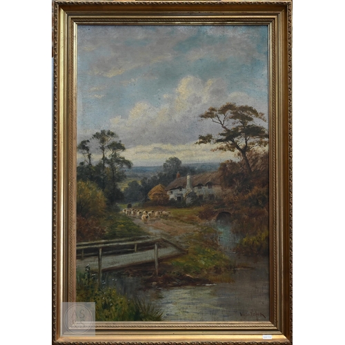 Walter Norfolk - Shepherd and flock on a country lane, oil on canvas ...