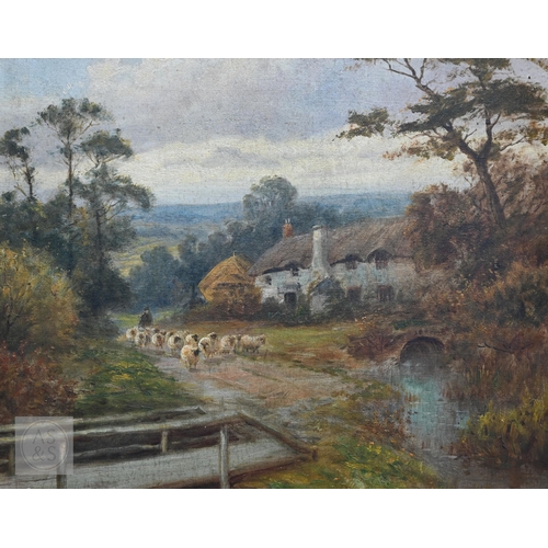 Walter Norfolk - Shepherd and flock on a country lane, oil on canvas ...