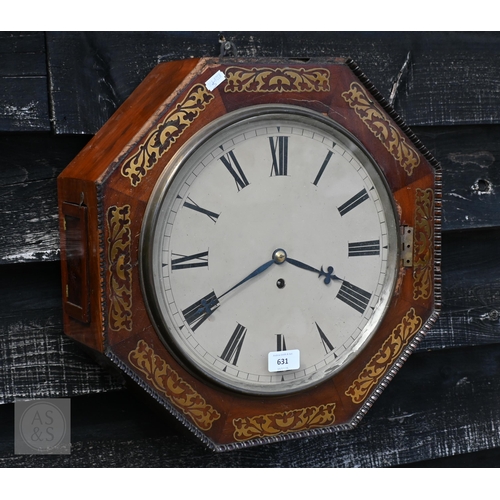 A Regency brass inlaid mahogany octagonal wall clock, with single chain ...