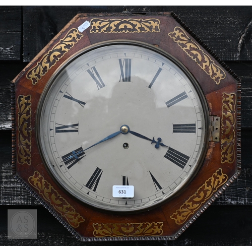 A Regency brass inlaid mahogany octagonal wall clock, with single chain ...