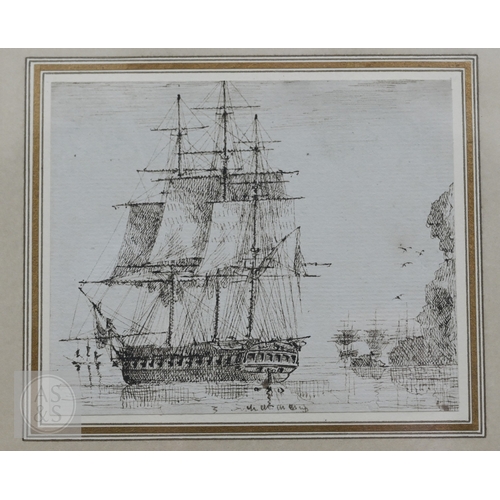 James Kennett-Wilson - Study of a frigate in a calm, pen and ink, 9.5 x ...