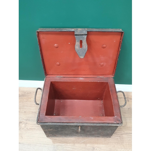 A Metal Strong Box with carrying handles and hinged cover, 1ft 11in w