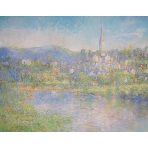 PETER HANKIN. View towards a village by a river, signed,oil on canvas ...