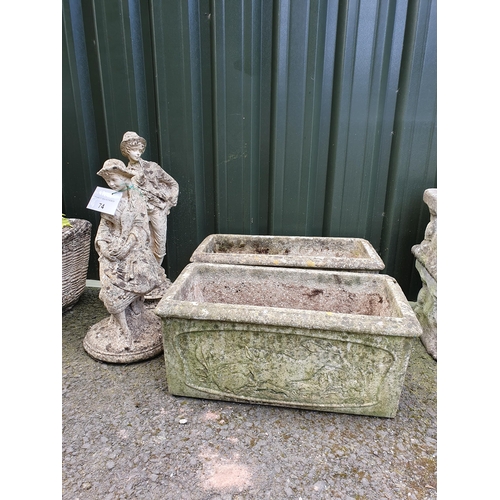 Two Garden Planters marked 'willowstone' and a two garden statues