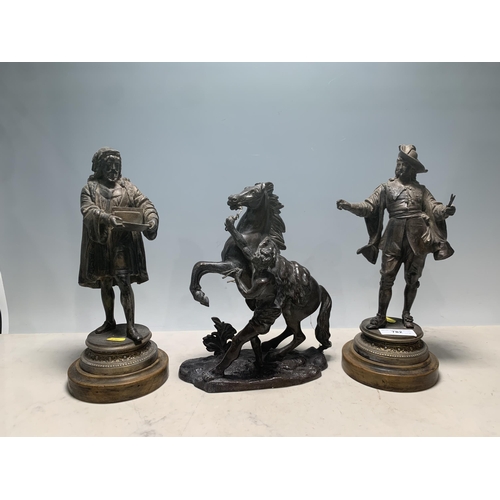 Three spelter Figures, a Cavalier 13in, a Scholar 13in and a Marley ...