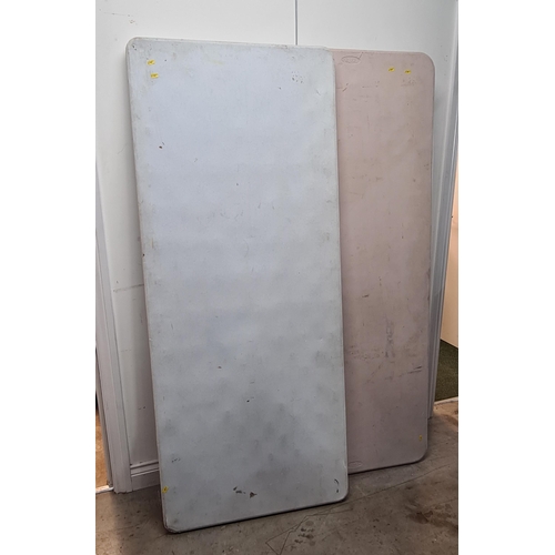 Two plastic Tables with folding supports, 6ft Long. (R7).