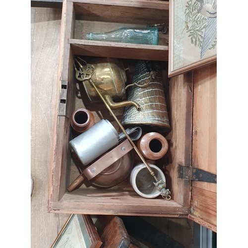 A selection of copper and brassware, a pine Work Box, a rustic plank Storage Box, and a cased Singer