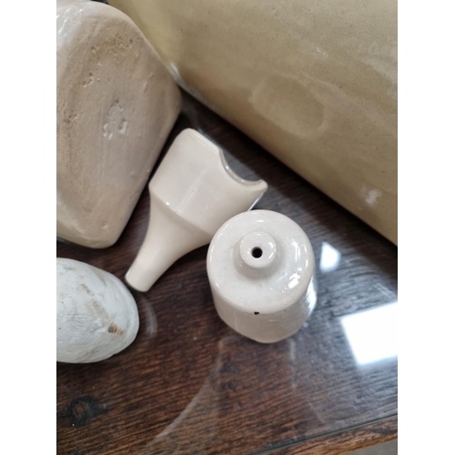 Three stoneware Hot Water Bottles, a cylindrical Jar and Cover, three ...