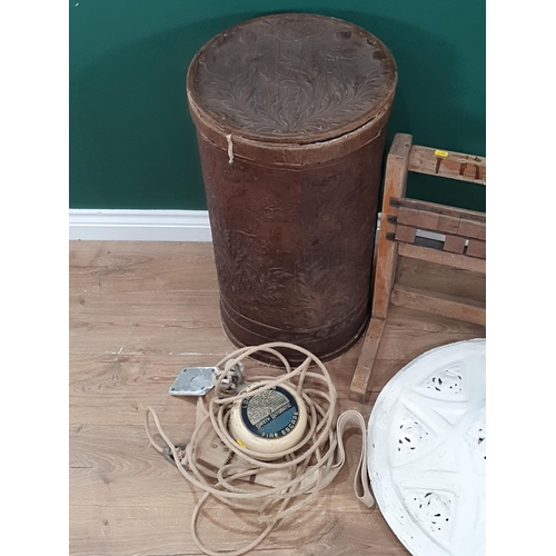 A primitive Abacus, a leather covered cylindrical Bin and Cover, a ...