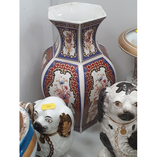 An hexagonal baluster Vase, decorated exotic birds, 14in H, an urn ...