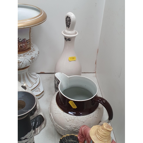 An hexagonal baluster Vase, decorated exotic birds, 14in H, an urn ...