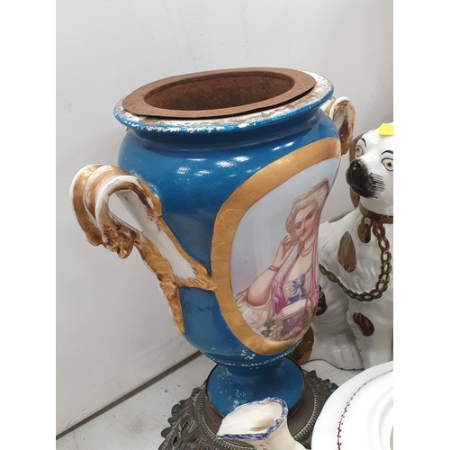 An hexagonal baluster Vase, decorated exotic birds, 14in H, an urn ...