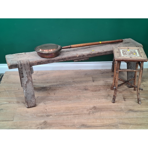 A rustic Pig Bench, 4ft 8in L, a copper Warming Pan, and a tile top ...