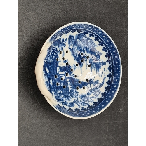 A Caughley blue and white Egg Drainer printed fisherman pattern ...