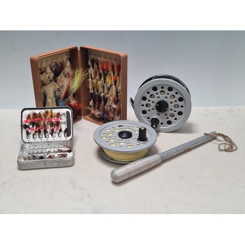 A Shakespeare "Beaulite" Fly Reel and spare spool, A fox box case ...