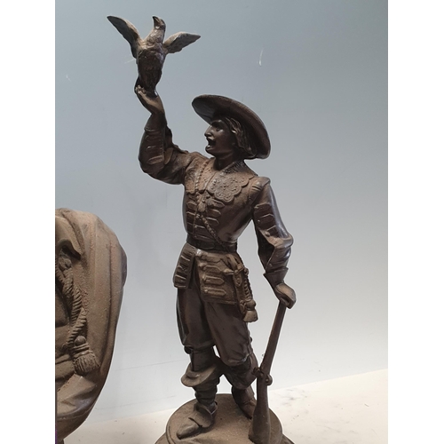 Three spelter figures, two with birds, and the other being a bust; (3 ...