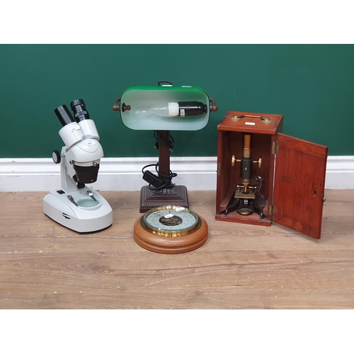 A Desk Lamp, a circular Aneroid Barometer and two Microscopes, (R9)